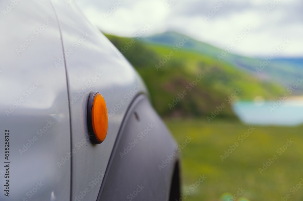 wheel under the fender of an SUV, extreme off-road ride, close-up of ...