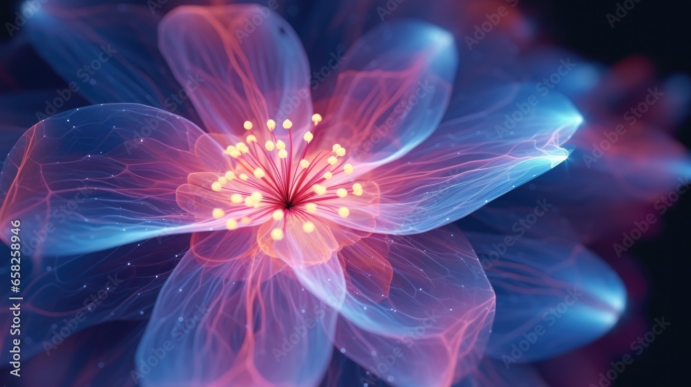 Digital futuristic flower wallpaper, neon light glow blossom wireframe ...