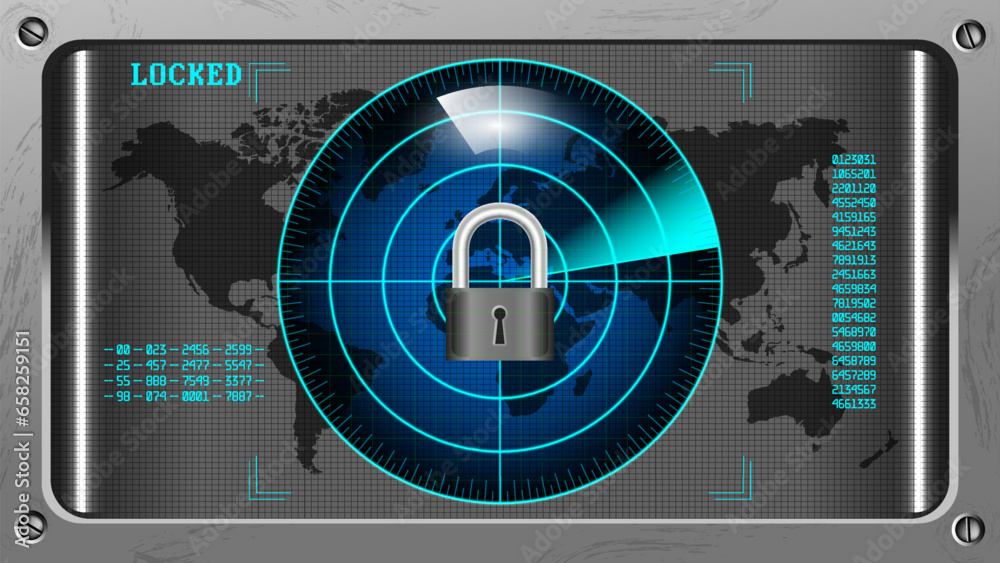 Vector screen with a world map. Radar with locked padlock. Cyber ...