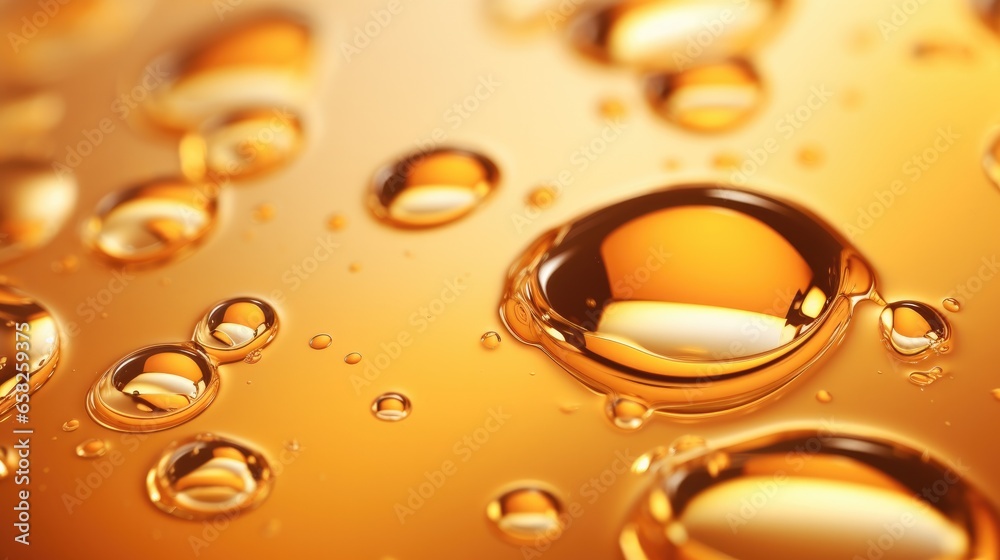 Oil bubbles and drops splash, gold background of droplets merge. AI ...
