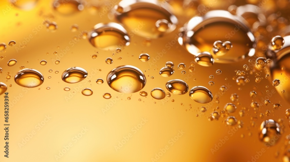 Oil bubbles and drops splash, gold background of droplets merge. AI ...