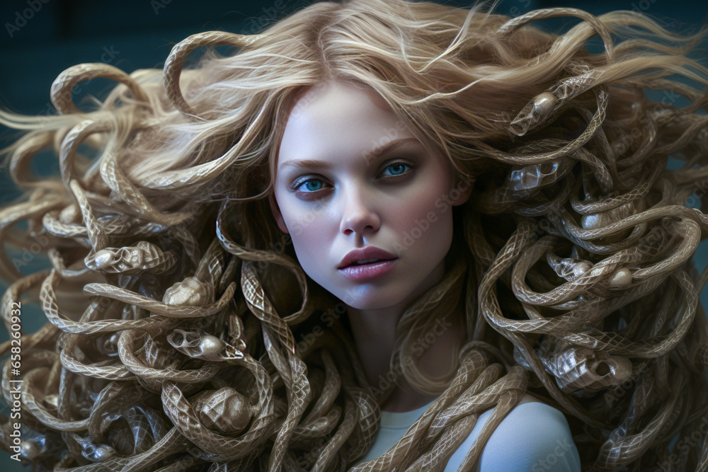 Mystical blonde woman transformed into a Medusa, featuring a blend of ...