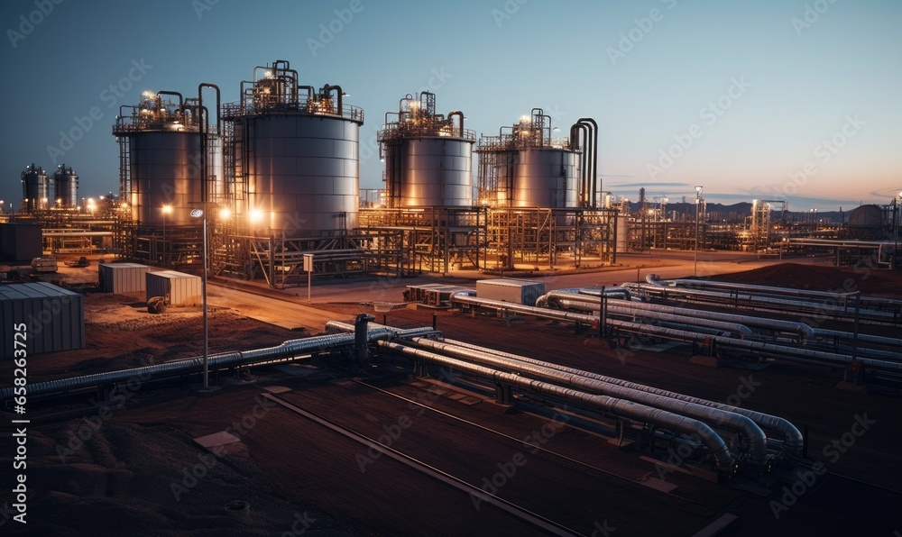 Modern industrial plant. Big oil tanks in refinery base. Storage of ...