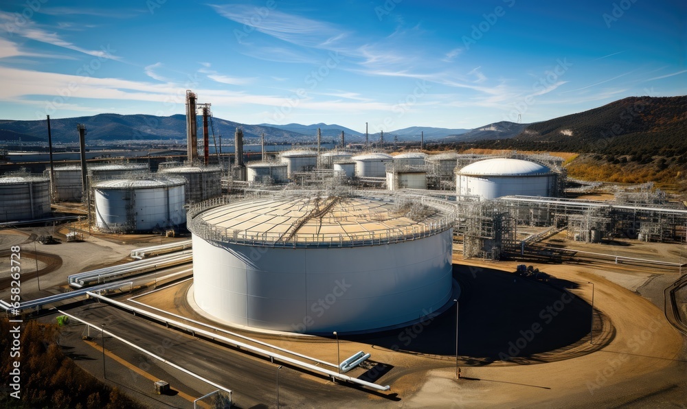 Modern industrial plant. Big oil tanks in refinery base. Storage of ...