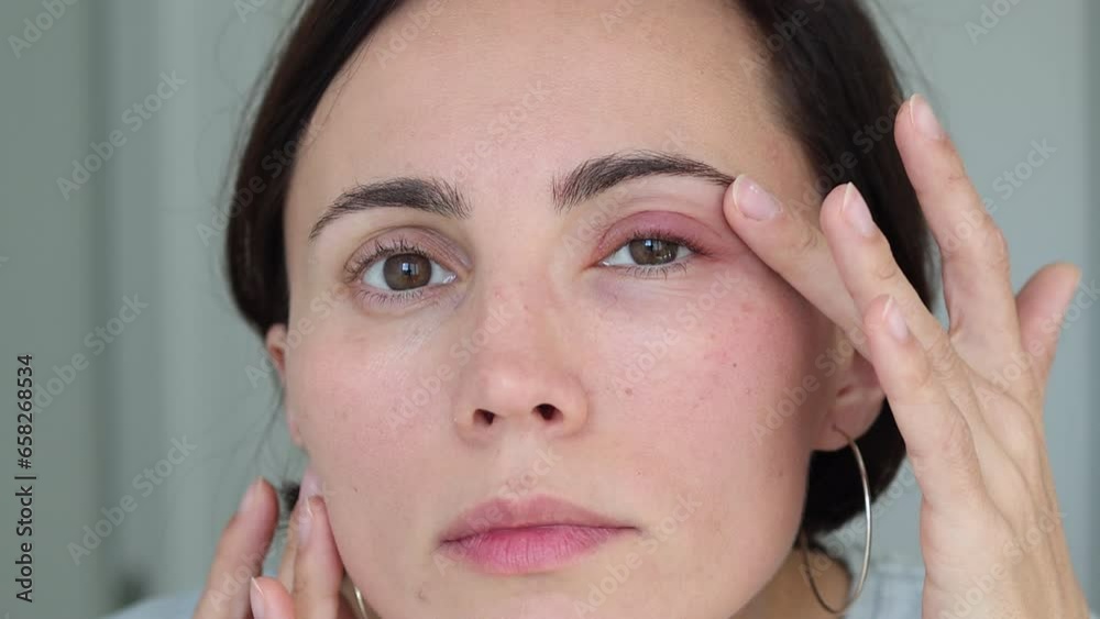 Close up female patient's infected eye. The brown-eyed woman staring at ...