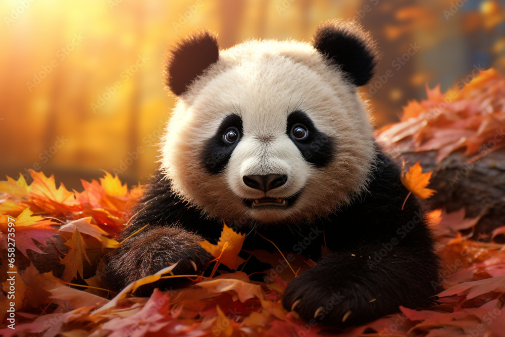 cute panda animal in autumn Stock Photo | Adobe Stock
