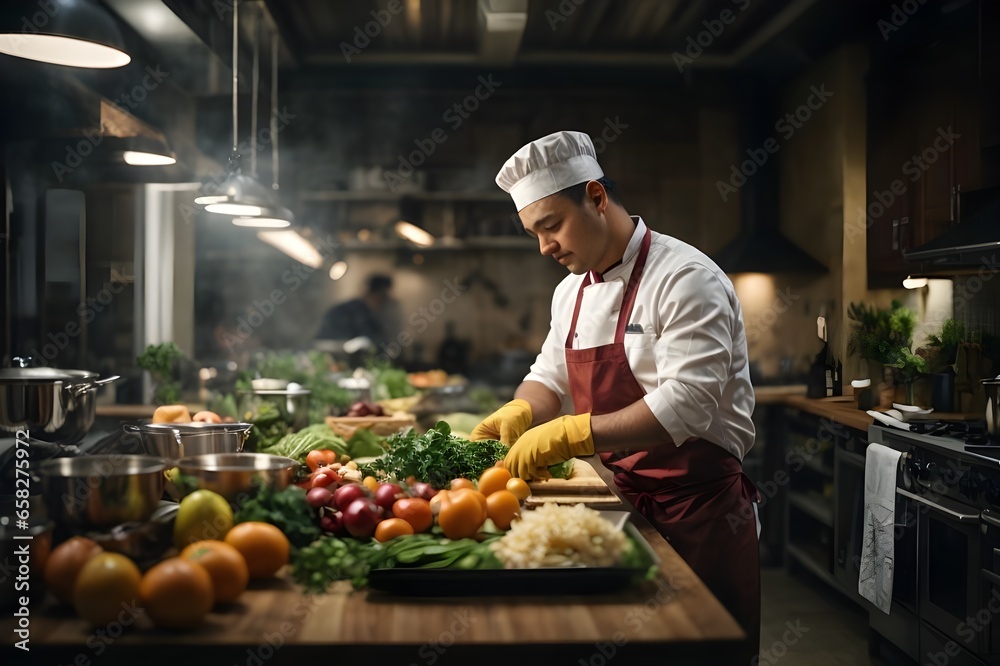 Chef profesional en la cocina de un elegante restaurante, con verduras ...