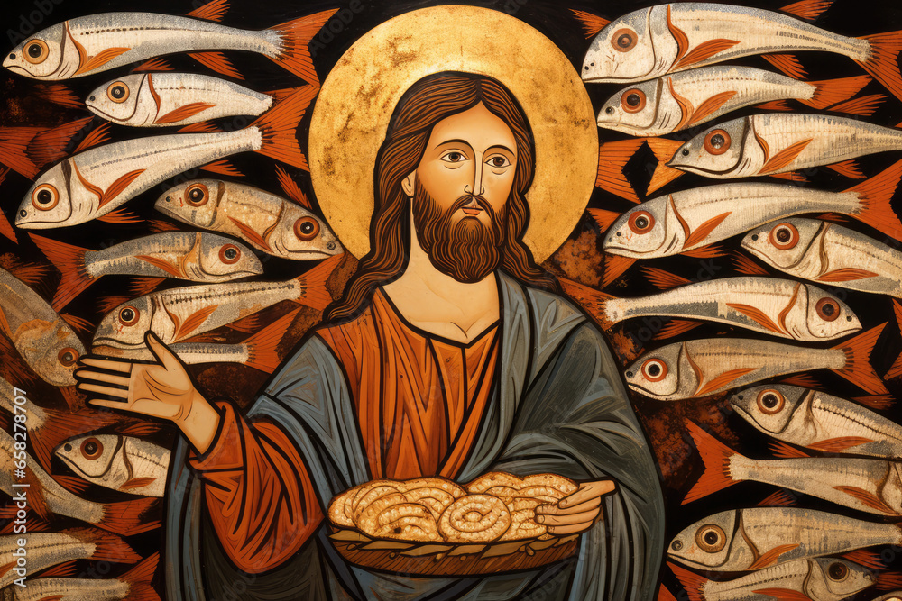 Jesus multiplying loaves and fishes Stock Illustration | Adobe Stock