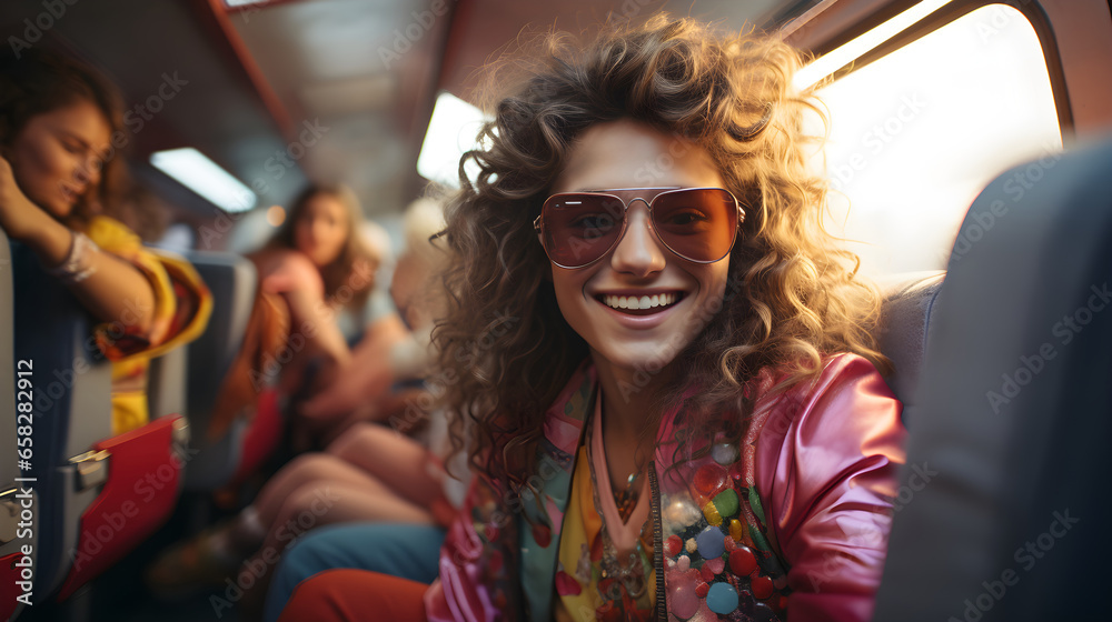 80s pop group on tour bus. Travelling together in retro style ...