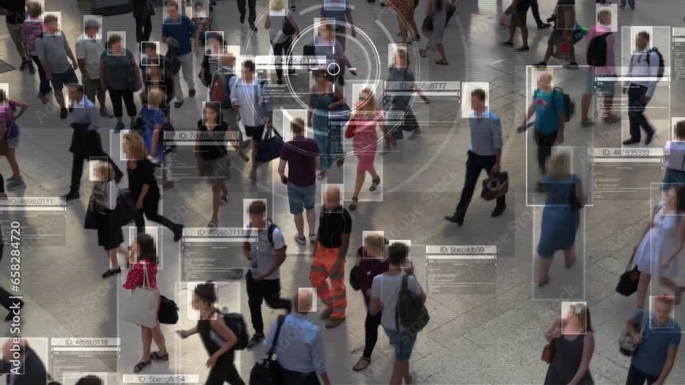 High view of Commuters Walking. Facial Recognition Interface showing ...