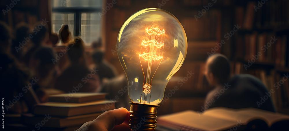 “Illuminated Light Bulb Amidst Books in Library: A Symbol of Knowledge ...