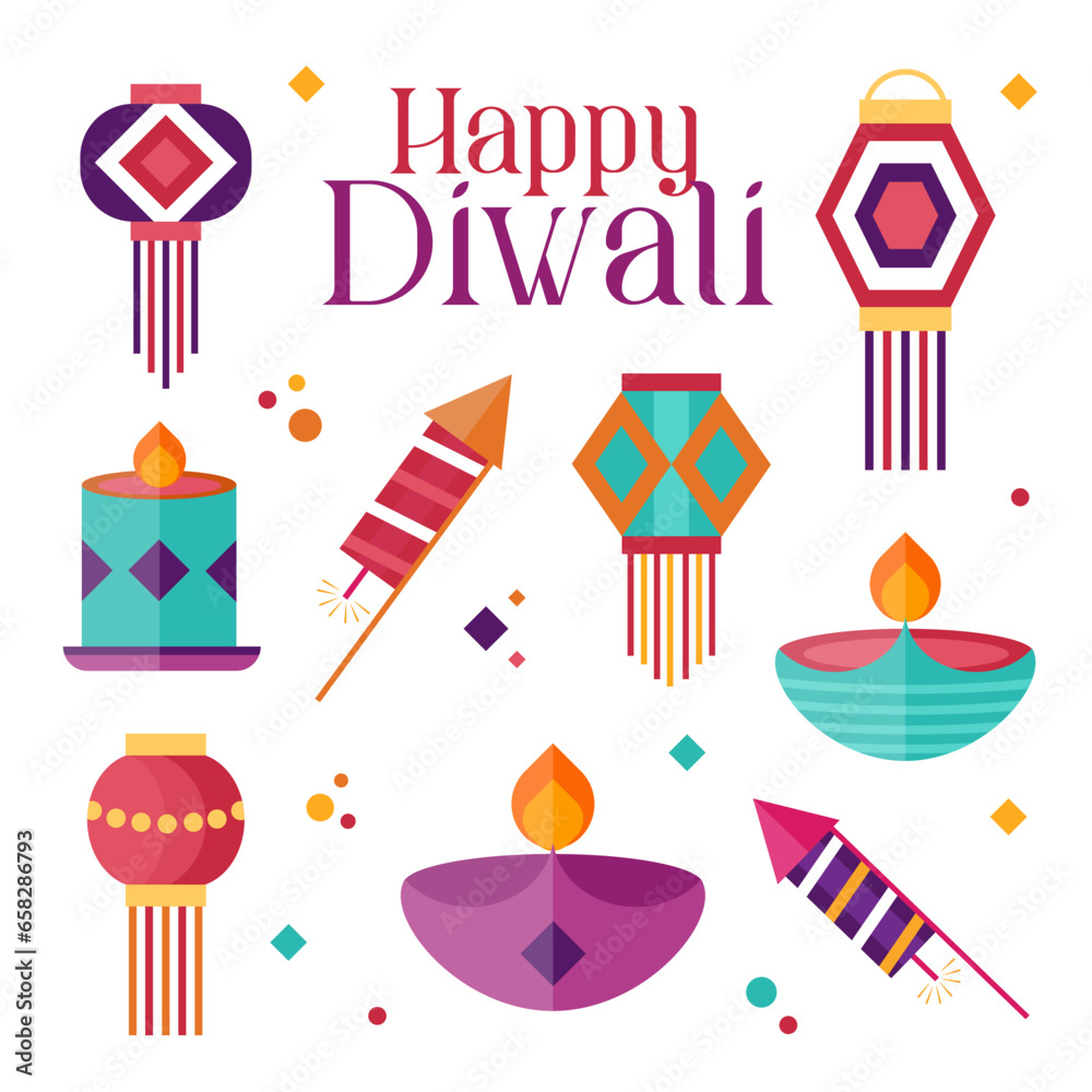 Diwali elements. Indian festival of lights icon set. Colorful deepavali ...
