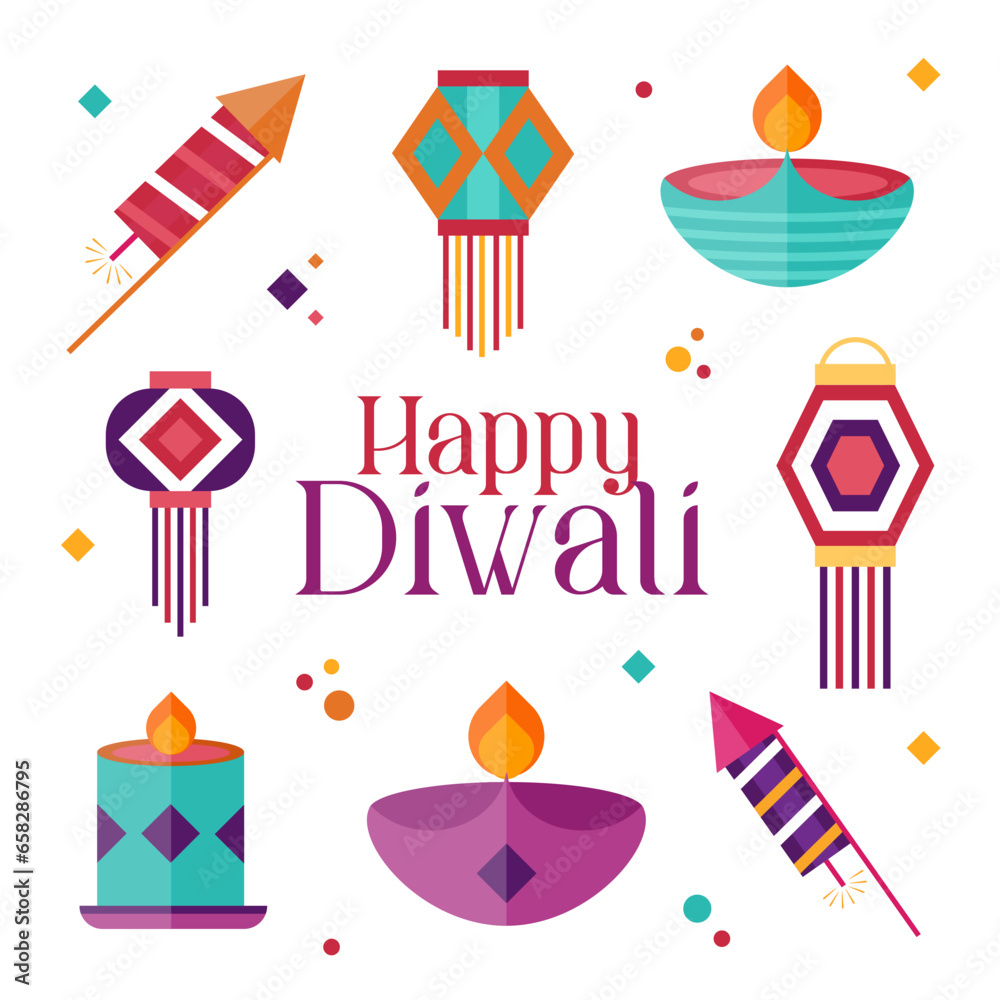 Diwali elements. Indian festival of lights icon set. Colorful deepavali ...