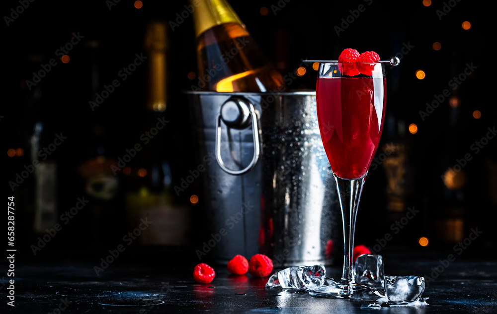 Moulin rouge cocktail drink with calvados, sparkling wine, lychee and ...