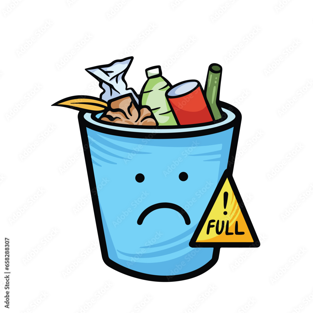 Blue sad full trash bin with crumpled paper, dry leaf, plastic and ...
