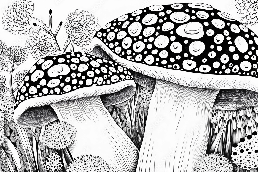 Black and white illustration of mushrooms, coloring book. Printable ...