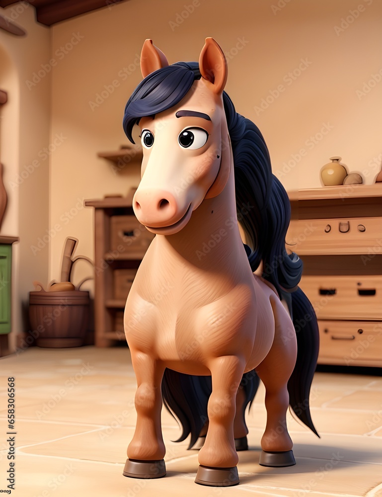 Caballo café con cabello largo estilo 3d detallado animado, tierno ...