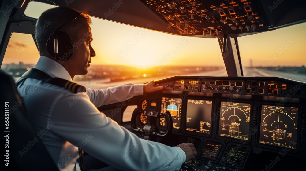 Pilot in the cockpit preparing for takeoff Stock Photo | Adobe Stock
