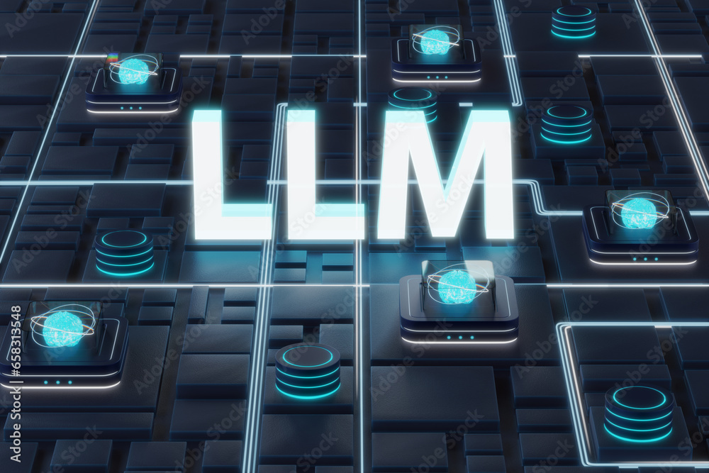 Large Language Model LLM concept. Rendering of a 3d text with neural network infrastructure in a ...