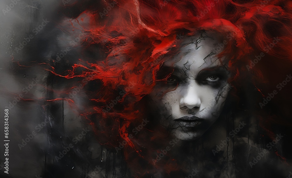 woman red hair black face banner creepy feelings color scheme ...