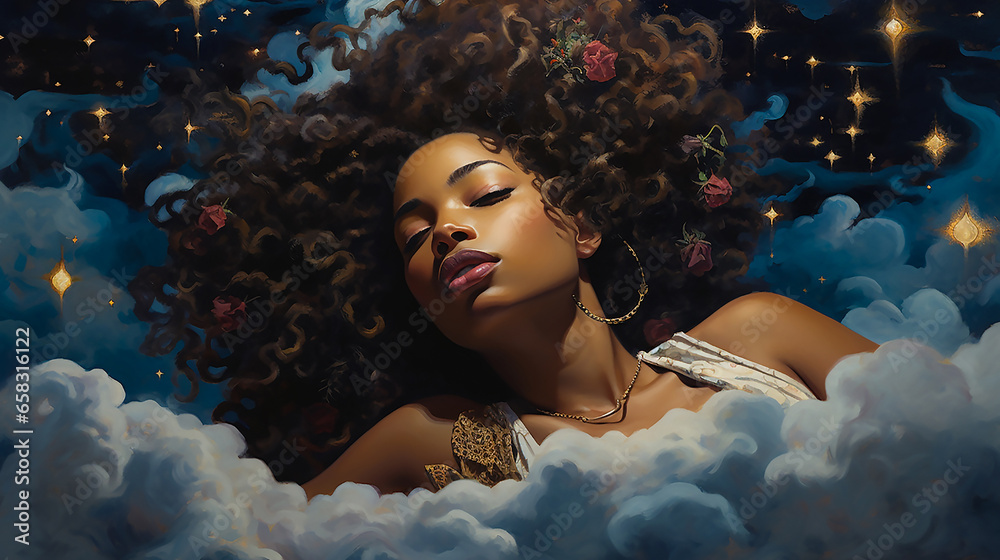 Beautiful young black woman is sleeping in the sky on clouds. Lush hair ...