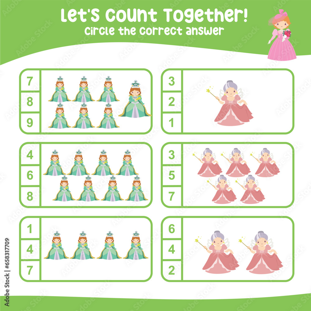 Counting and circle the correct number with cute fairytale kingdom ...