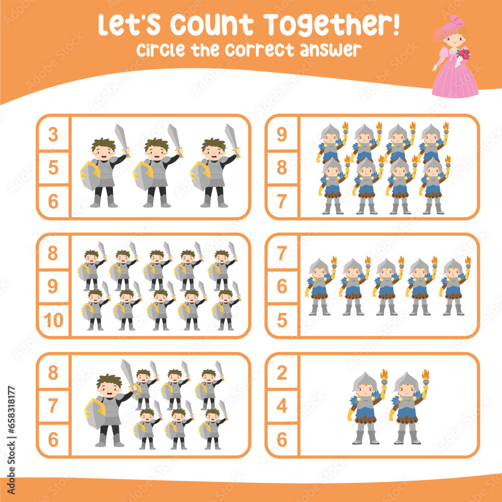 Counting and circle the correct number with cute fairytale kingdom ...