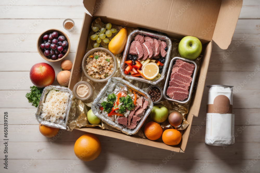 Delivery of ready made healthy food at home. Various dishes, meat cuts ...