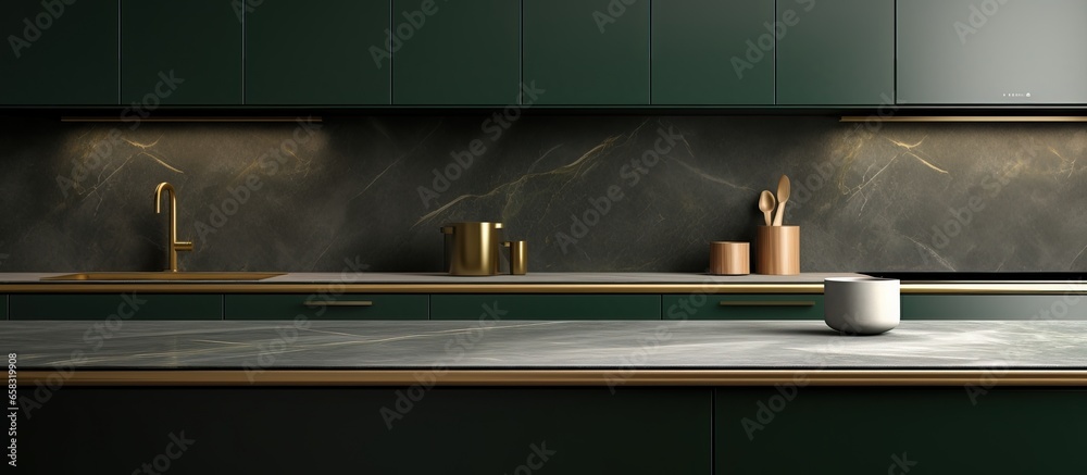 Minimalist design a dark green kitchen with cupboards double sinks and ...