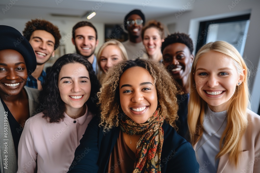 Multicultural happy people taking group selfie portrait in the office ...