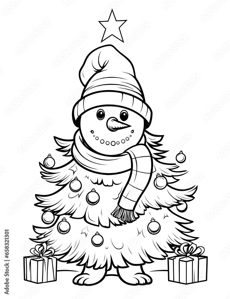 Snowman with Christmas tree coloring page for kids Stock Illustration ...