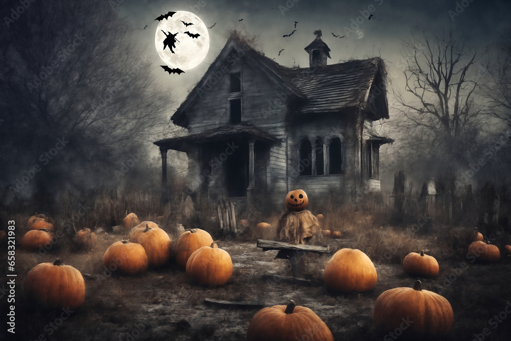 halloween, scarecrow on the path in front of the old house, around the ...