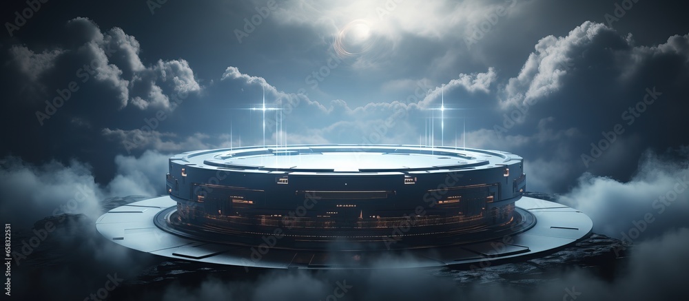 Sci fi mech circle pedestal rendered in with LED light grunge fog and ...