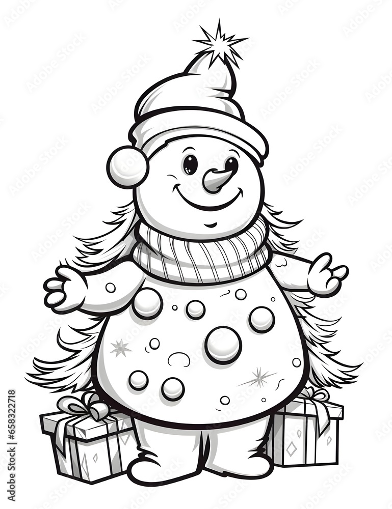 Snowman with Christmas tree coloring page for kids Stock Illustration ...