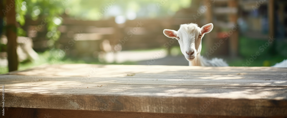 the empty table top with blur background of dairy goat farm ...