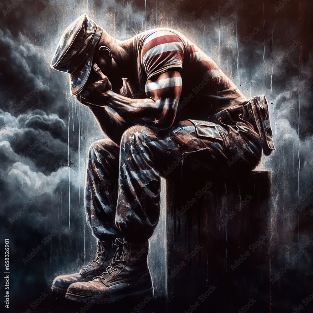 Sad american soldier holding his face with his hands sitting in front ...
