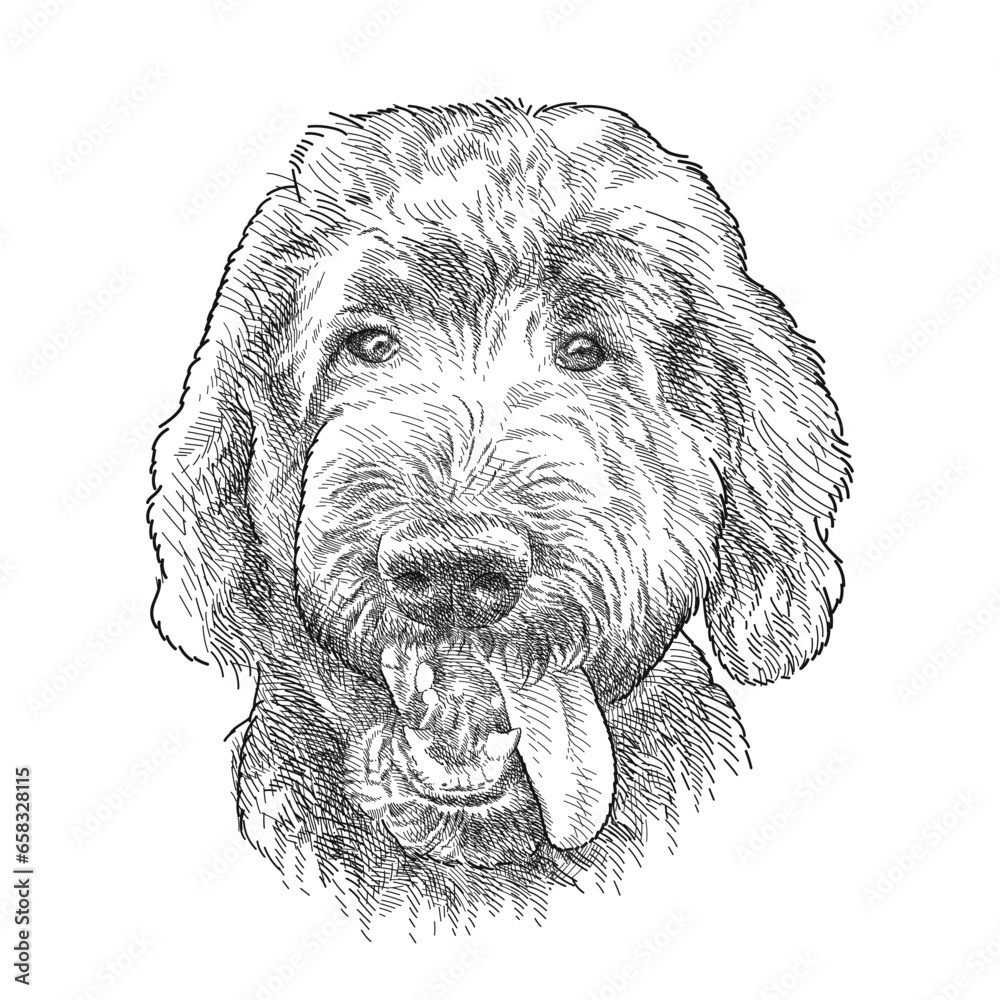 Hand drawn sketch of Labradoodle head with open mouth in black isolated ...