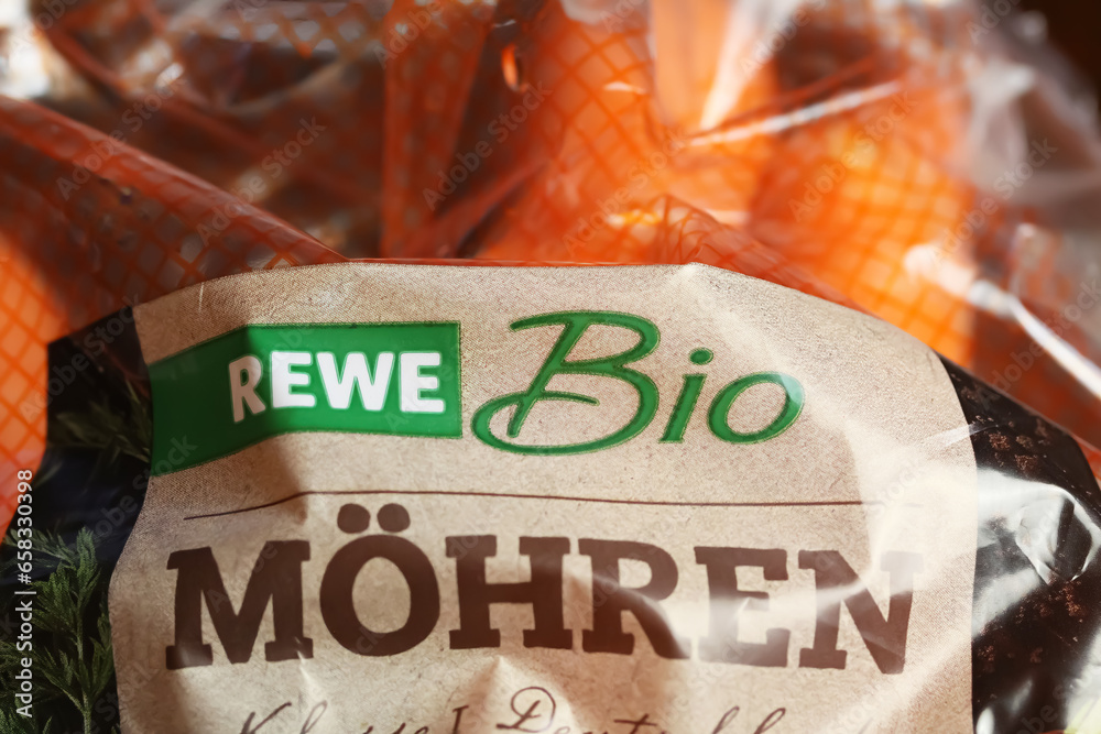 Viersen, Germany - June 9. 2023: Closeup of plastic bag with REWE ...
