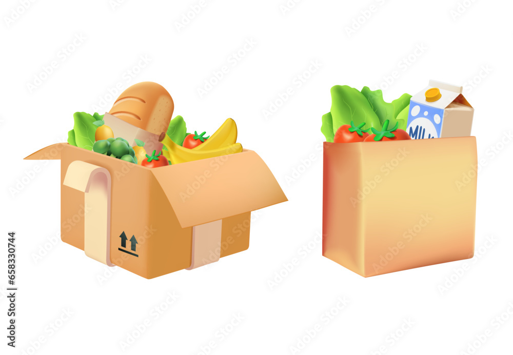 Goods in cardboard boxes. 3D packaging. Food delivery. Package ...