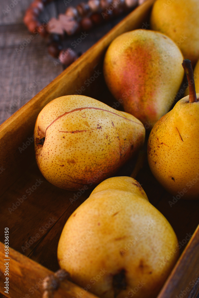 Juicy yellow Forelle Pears in a rustic wooden fruit box. Known as a ...