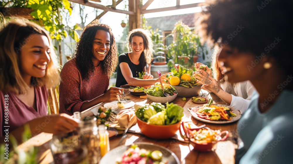 A group of friends enjoying a vegan potluck dinner with dishes from ...