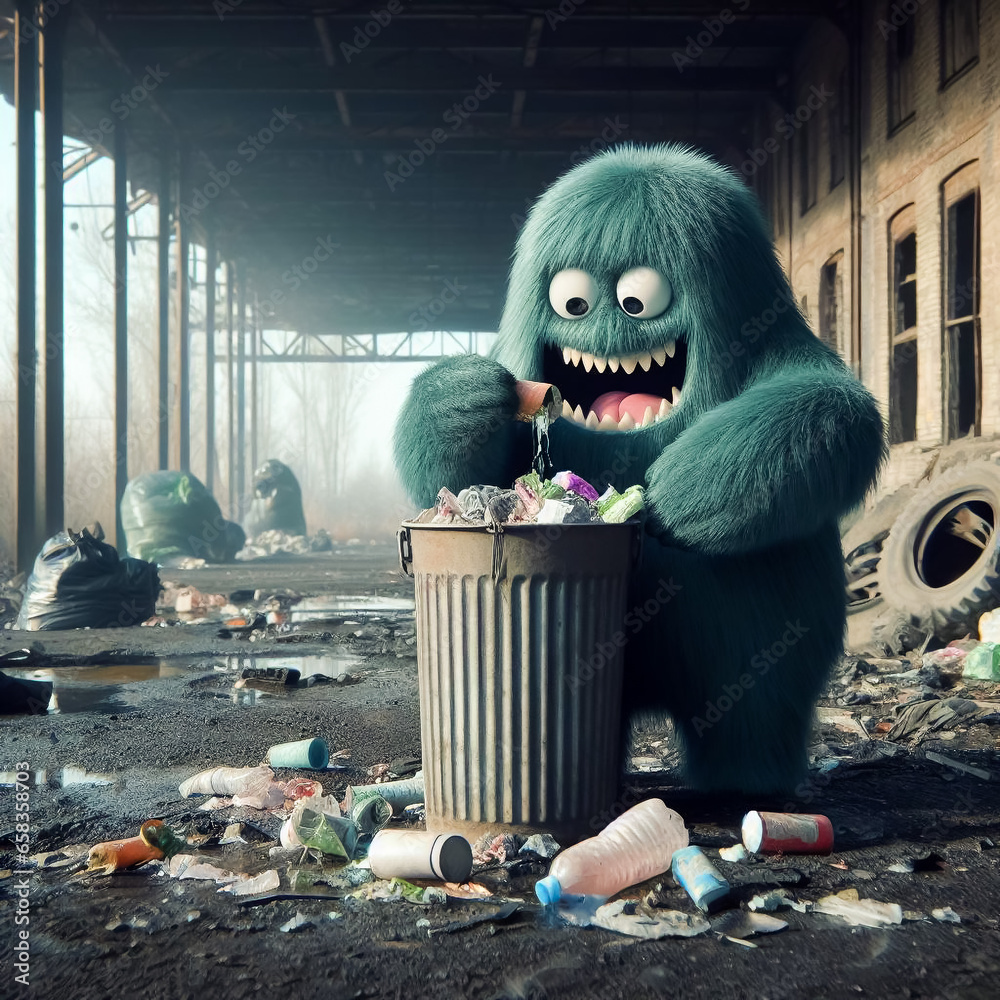 cheerful turquoise monster eating garbage, disaster, pollution, recycle ...