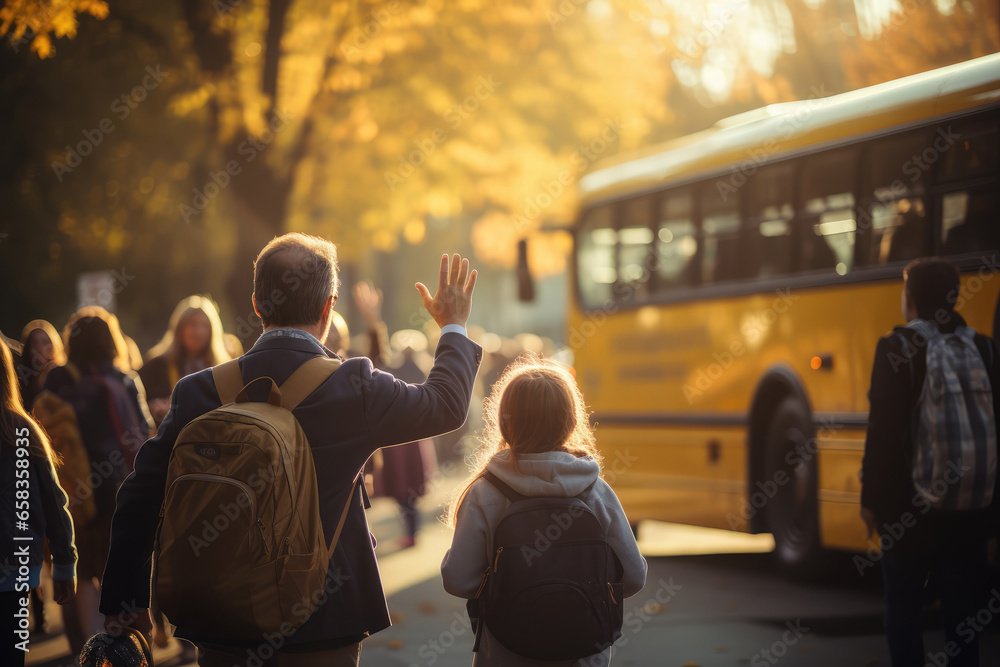 Parents waving goodbye to their child boarding a school bus - Morning ...