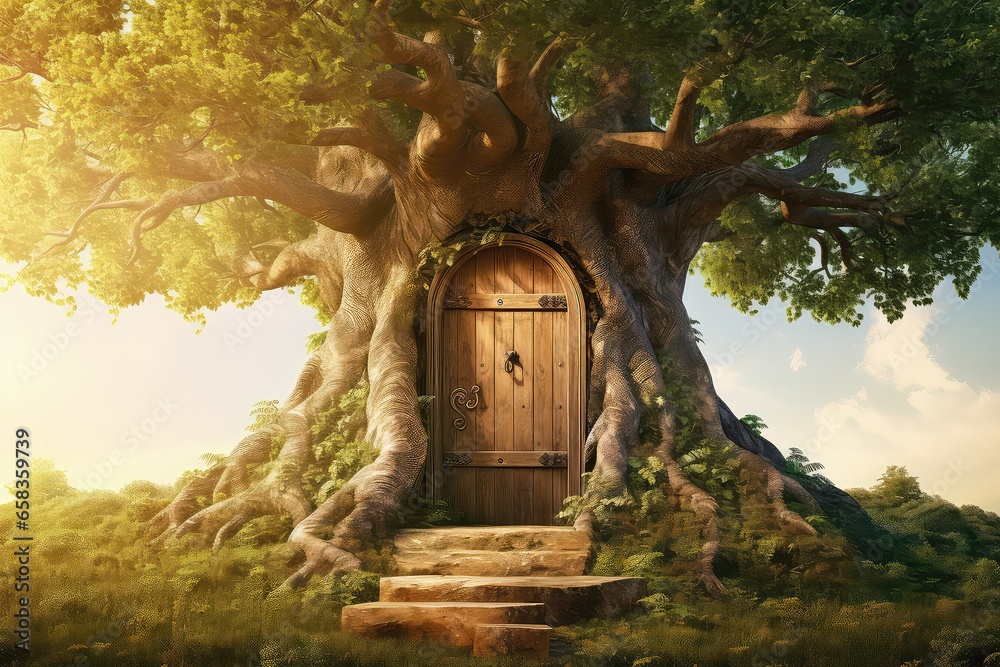 Imaginative Depiction Of Huge Old Fantasy Deciduous Tree With Door To ...