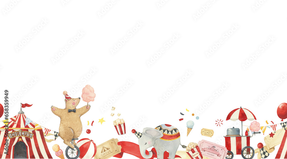 Watercolor vintage circus seamless border. Tent, bear. elephant ...