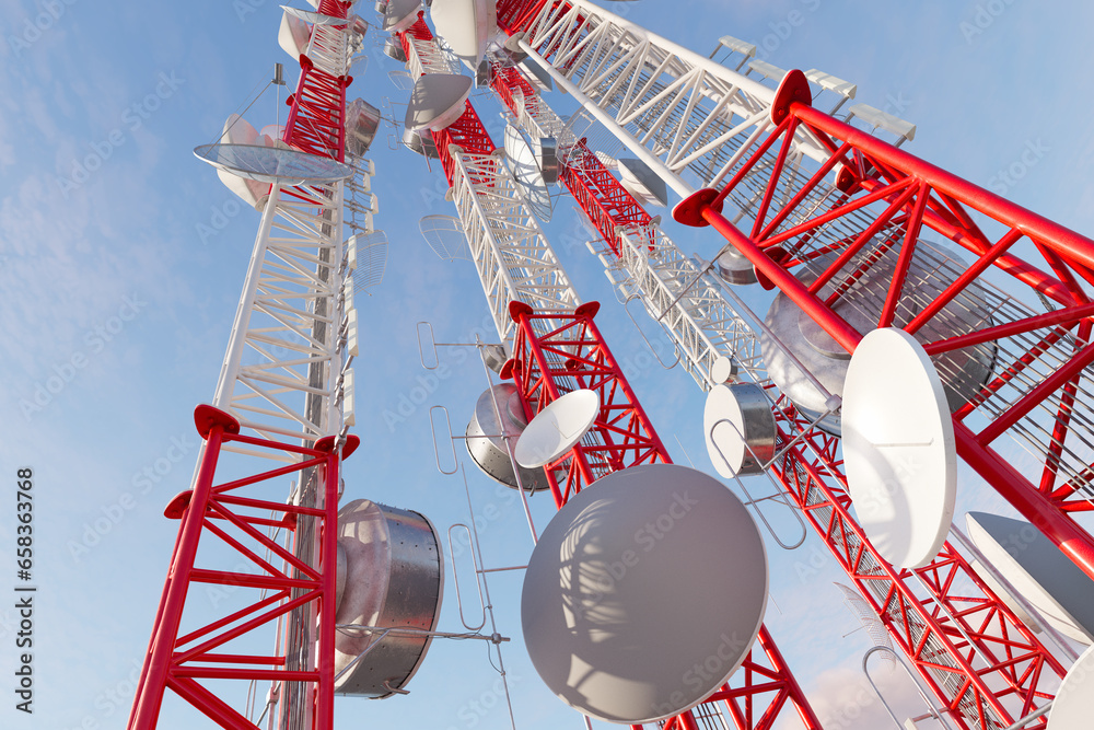 Antenna complex on a blue sky. Radio masts and towers for broadcasting ...