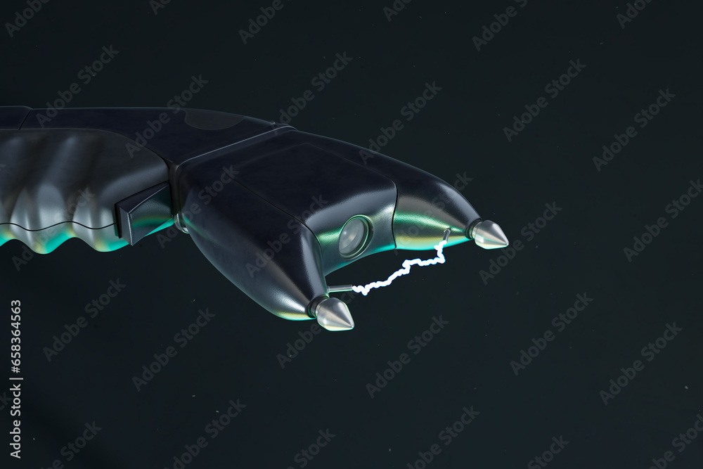 Stun gun or taser with an electric arc between two electrodes. Electric ...