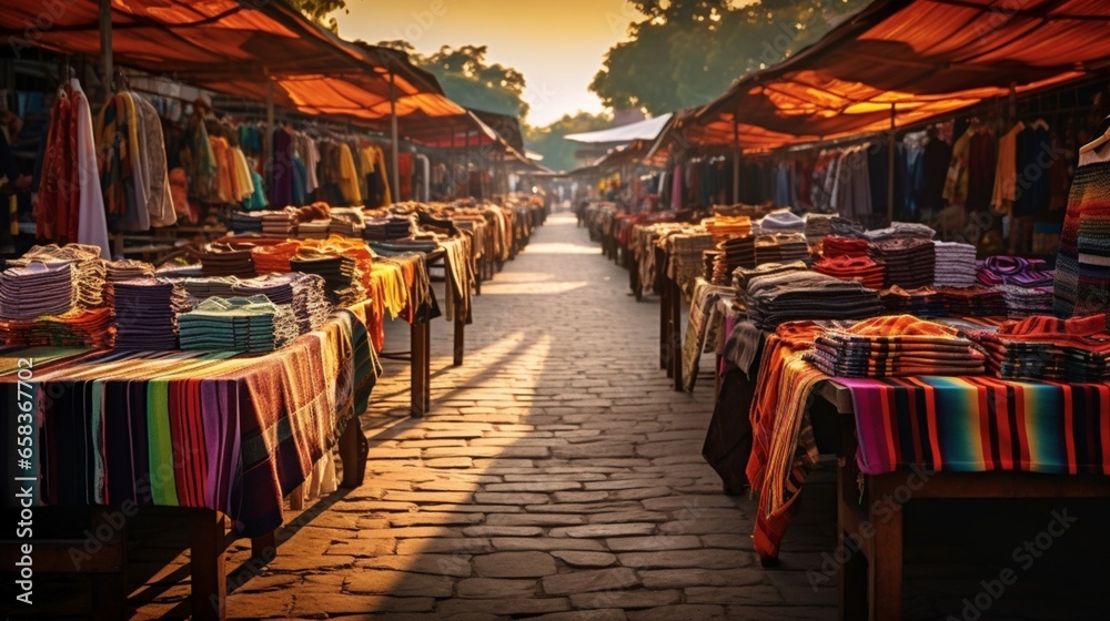 a vibrant outdoor market with stalls overflowing with colorful fabrics ...