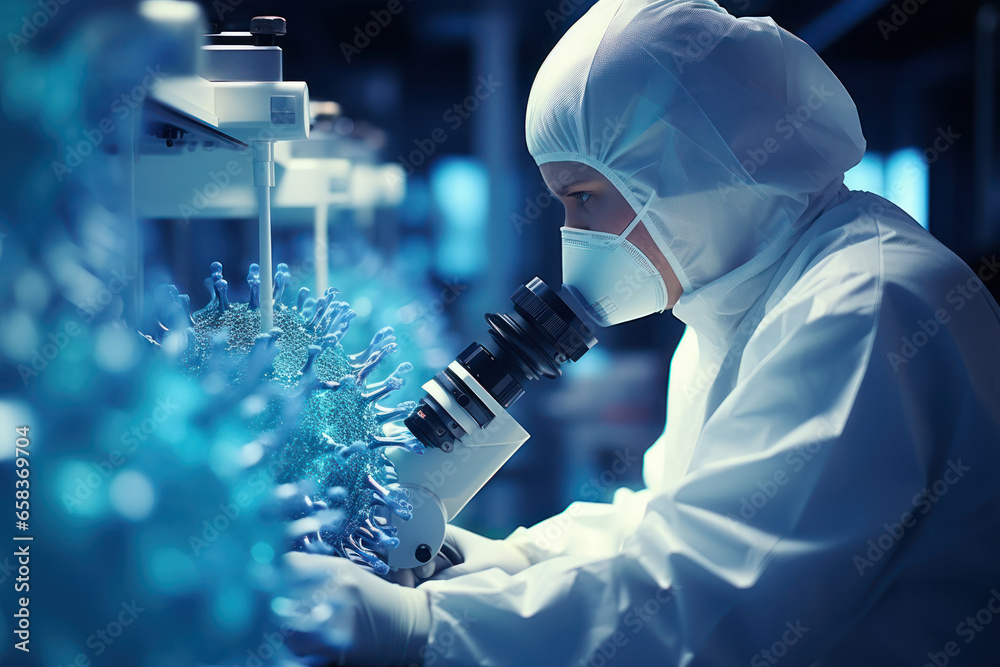 A virologist analyzing the structure of a virus under an electron ...