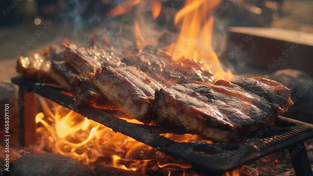 an outdoor photograph of a tasty delightful cow ribs on spit ground ...